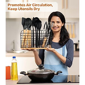 PrimZooty Large Utensil Holder for Kitchen Counter - 11.8"x 6.7"x 4.7", 3 Compartments Aesthetic Design, Kitchen Utensil Holder Utensil Organizer (Metal+Bamboo)