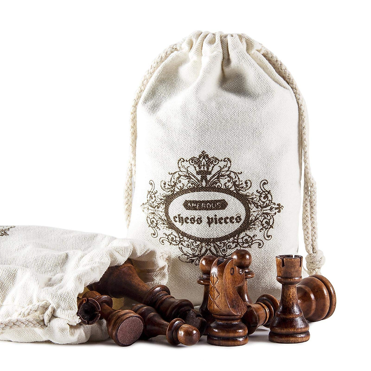 AMEROUS Wooden Chess Pieces Only, Tournament Staunton Wood Chessmen with 3.5 inches King, Chess Game Pawns for Chess Board Game, Replacement of Missing Pieces (2 Storage Bag Included)