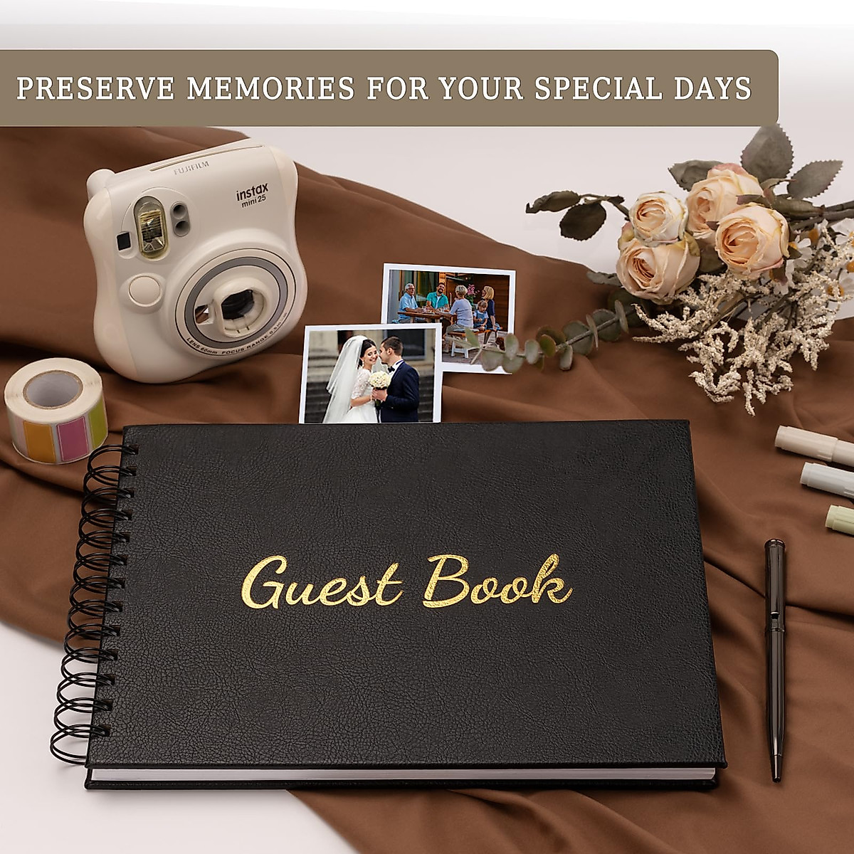WEMATE Guest Book, Leather Memorial Guestbook,Suitable for Funeral,Graduation and Special Events,Polaroid Guest Book with A Pen,136 Blank&Lined Pages for Sign in and Photos 7"x10″ (Black)