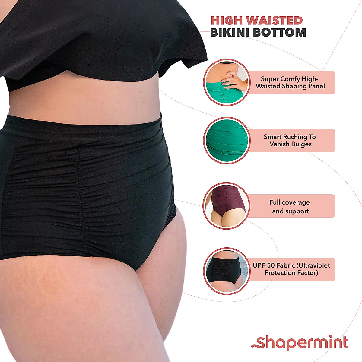 SHAPERMINT Women Ruched High Waisted Black Bikini Bottom Swimsuit, Tummy Control Full Coverage Swimwear, Small to Plus Size