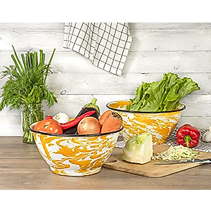 Red Co. Set of 2 Enamelware Metal Large Classic 4 quart Round Salad Serving Bowl, Yellow Swirls/Black Rim