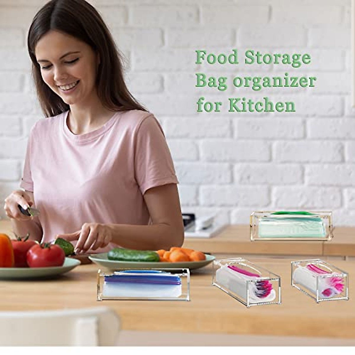 Ziplock Bag Organizer for Drawer, Baggie Organizer for Kitchen Plastic Bag Storage, Sandwich Freezer Snack Organizer Box for Ziploc Hefty Quart Slider Bags, 4 Separate Clear Acrylic Containers