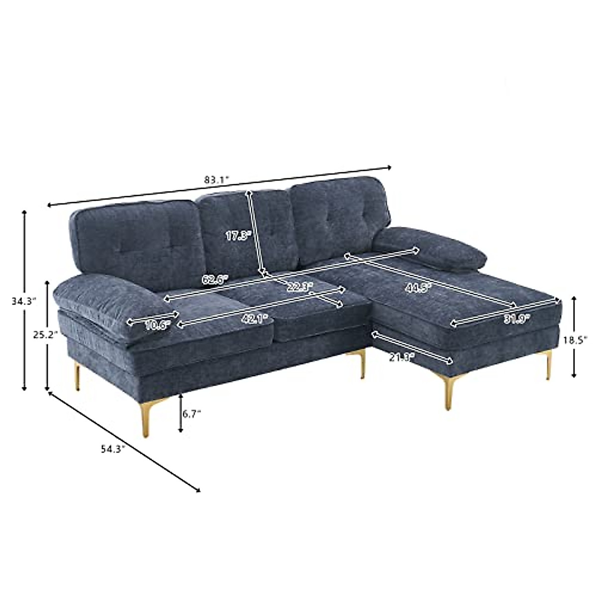 Karl home Sectional Sofa 83" L-Shape Sofa Couch 3-Seat Couch with Chaise ChenilleFabric Upholstered for Living Room, Apartment, Office, Dusty Blue