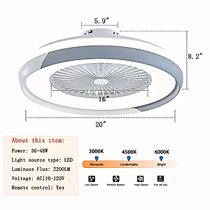 TFCFL Modern Ceiling Fan with Light, 20" Semi Recessed Dimmable Ceiling Fan with Remote Control 3 Speed Stealth Blade Low Profile for Bedroom Dining Room (White and Gray)