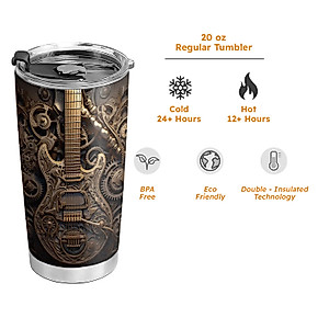 20oz Steampunk Mechanical Metal Rock Electric Guitar Tumbler, Guitarist, Musician Gifts, Coffee Thermos for Men, Stainless Steel Double Wall Vacuum Insulated Coffee Mug, Travel Cup with Lid