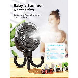 Misting Stroller Fan, 6000mAh Battery Operated Portable Fan with Light & 360° Pivoting, Personal Fan with Flexible Tripod for Baby, Office, Travel,Treadmill,Outdoors