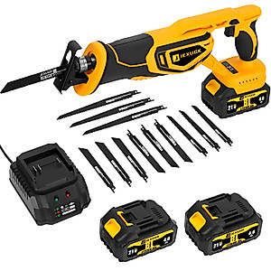 JEXUGK Brushless Reciprocating Saw Cordless, 21V Max 3500 SPM Rechargeable Saw, 2 x 4.0Ah Battery, 12 Saw Blades & Fast Charger, Variable Speed Reciprocating Saws for Woods/Metal/Plastic Cutting