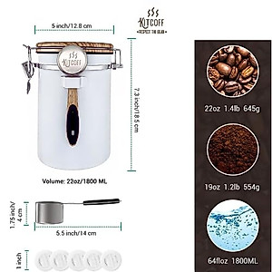 Kitcoff Coffee Grounds and Beans Container Canister with Date Tracker, CO2-Release Valve and Measuring Scoop - Made of Stainless Steel with Airtight Lids - Large, 22oz, White w/Wood Print Lid