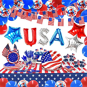 Party Spot! 315 pcs Labor Day Decorations, 4th of July Party decorations, Tableware for 25 Guests, Patriotic Party Decorations, Independence Day Decoration Supplies, “USA” Balloons, Tablecloth, Flag