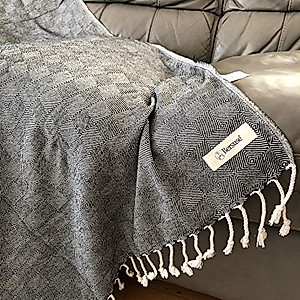 Bersuse 100% Cotton Milas XL Throw Blanket Turkish Towel - 60x90 Inches, Black