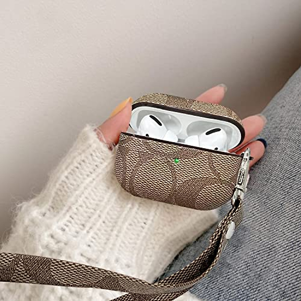 Case for AirPods Pro Case,6 in 1 Fashion Luxury PU Shockproof Anti-Slip Protective Cover Accessories Set for Airpod Pro Charging Case with Keychain/Ear Hook/Watch Band Holder/Anti-Lost Strap(Brown)