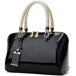 XingChen Shiny Patent Women Faux Leather Handbags Crossbody Bag Top Handle Purse Satchel Bag Shoulder Bag(Black)