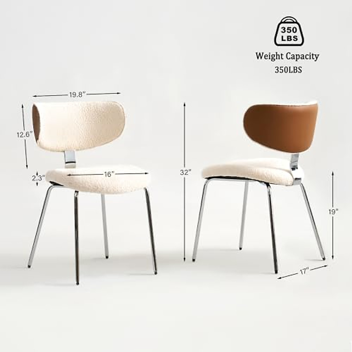 GrandNoor Modern Boucle Dining Chairs Set of 2,Faux Leather Kitchen & Dining Room Chairs,Curved Backrest Upholstered Dining Chairs with Metal Legs, White