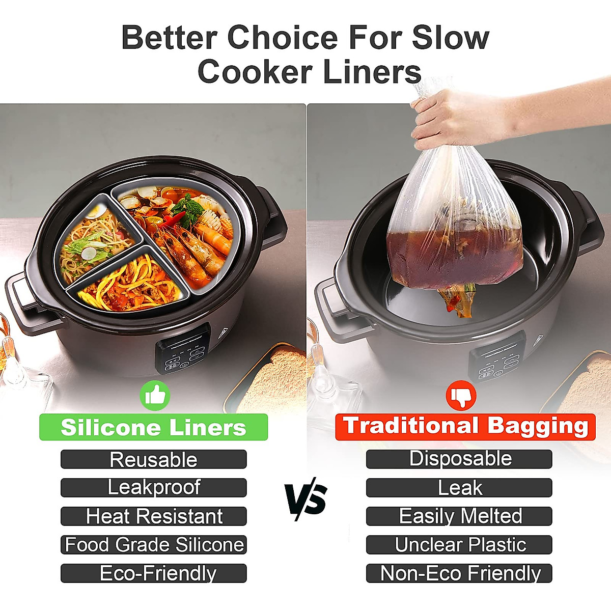 Syaws Crock Pots Liners 3Pack,Slow Cooker Divider Liner, Reusable & Leakproof Silicone Slow Cook Liner,BPA Free & Dishwasher Safe Slow Cooker Insert for 6 QT Crock-pots