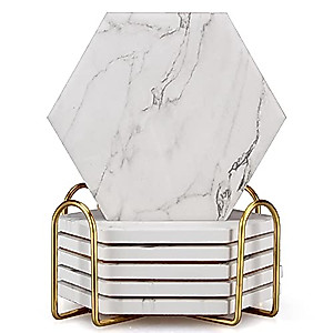 Hexagon Marble Coasters with Holder Absorbent Coaster Set Modern Drink Stone Coasters White Ceramic Coasters for Coffee Beverage Bar Coaster Best Thirstysone Table Coastes