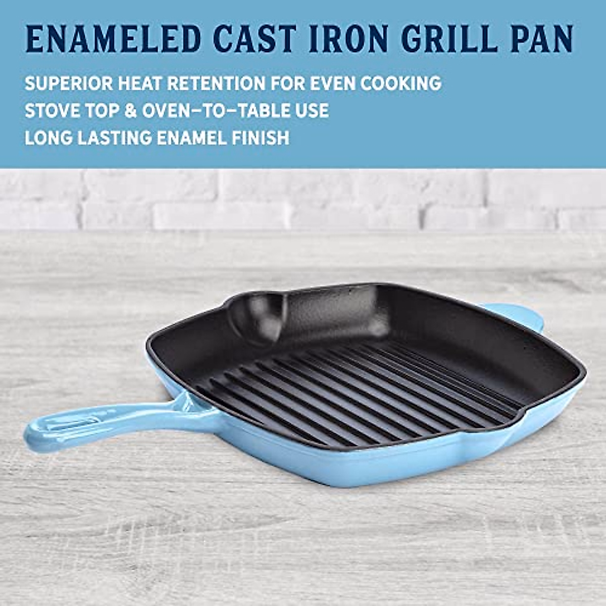 Country Living Enameled Cast Iron Square Griddle Grill Pan with Ridges, Helper Handle and Pouring Spouts for Easy Draining, Indoor Grilling Skillet, 11-Inch, Blue