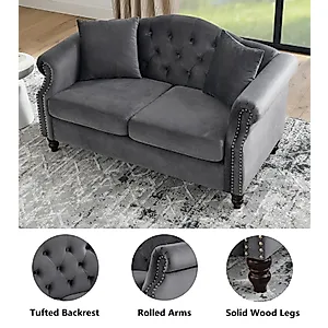 Ucloveria Chesterfield Sofa, 57" Velvet Upholstered Loveseat 2 Seater Sofa Couch with 2 Pillows, Solid Wood Legs, Tufted Futon Sofa with Rolled Arms and Nailhead for Living Room, Office, Apartment