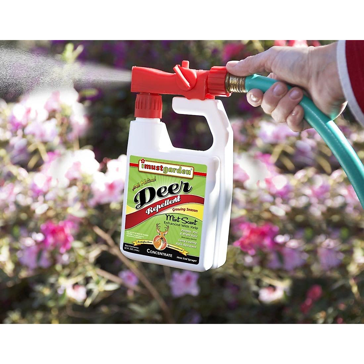 I Must Garden Deer Repellent Hose END Concentrate: Mint Scent Deer Spray for Gardens, Plants, and Trees – 32oz Easy Hose End Sprayer – Covers 10,000 sq. ft.