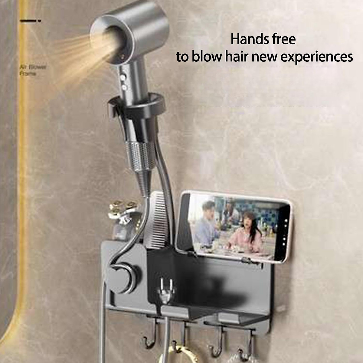 PIANYEATS Adhesive Hands Free Wall Mounted No Drilling Blow Hair Dryer Holder Stand Rack Frame Hanger Shelf Hook toll Organizer Storage for Bathroom