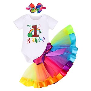ODASDO Baby Girl My 1st First Birthday Cake Smash Outfit One Year Old Rainbow Tutu Tulle Skirt Cotton Short Sleeve Romper Bowknot Headband 3pcs Summer Clothes Set Photo Props Carnival Rainbow 1T