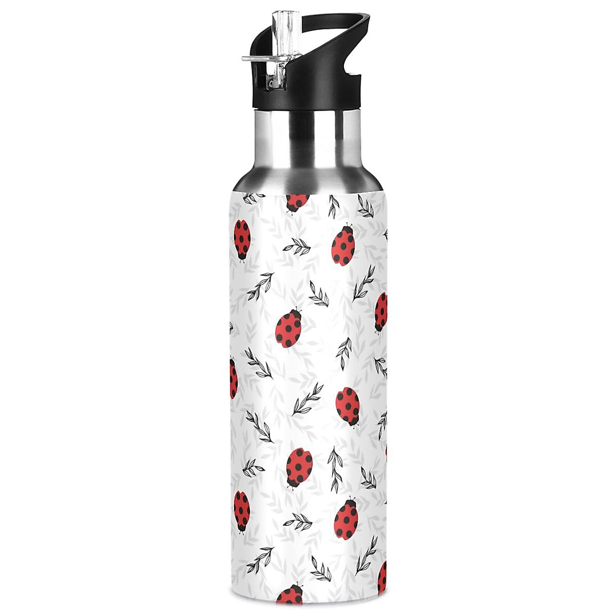 Ladybugs Funny Spring Pattern Insulated Water Bottle with Straw, Stainless Steel Sports Water Bottles, Double Wall Vacuum, Leakproof, BPA-Free 35 oz