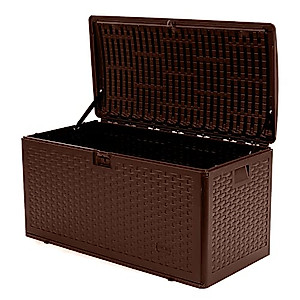 Plastic Development Group Multipurpose 73 Gallon Resin Outdoor Backyard Patio Storage Deck Box Container with Soft Close Lid, Java Brown