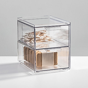 mDesign Stackable Storage Containers Box with 2 Pull-Out Drawers - Stacking Plastic Drawer Bins for Master or Guest Bathroom, Linen Closet, Vanity, Makeup Table Lumiere Collection 4 Pack, Clear