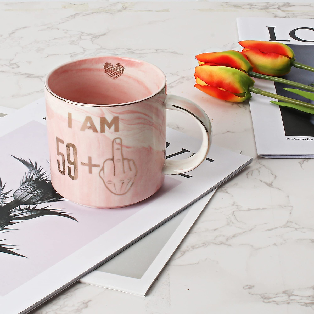 60th Birthday Gifts for Women - Funny Turning 60 Year Old Birthday Gift Ideas for Wife, Mom, Daughter, Sister, Aunt, Best Friends, BFF, Coworkers - Fabulous Pink Marble Mug, Ceramic 11.5oz Coffee Cup