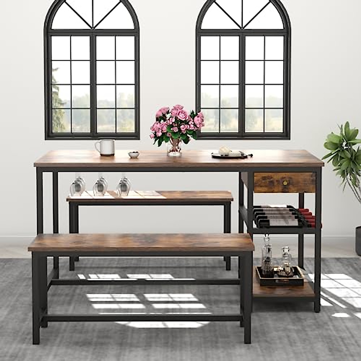STIKELY Dining Table Set for 4-6 People, 3 Pieces Kitchen Dinner Table Set with 2 Drawers & Long Benches, Dining Room Table with Wine Rack & Glass Holder and Storage Shelf for Home Kitchen Use