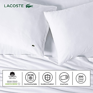 Lacoste 100% Cotton Percale Solid Sheet Set, Breathable, Cooling & Hotel Quality Sheets - Deep Pocket, Easy-Fit, Oeko-Tex Certified, White, Full
