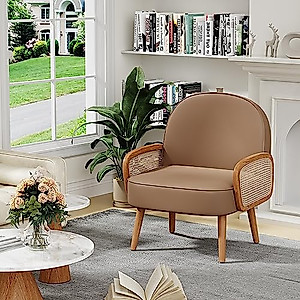 Aklaus Mid Century Modern Accent Chair Armchair with Rattan Arms Upholstered Rattan Boho Accent Chair for Living Room Bedroom Balcony Faux Leather Reading Chairs Side Club Chair Brown