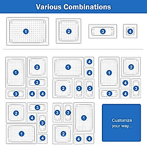 Puricon 7 Pcs Desk Drawer Organizers Trays Set Clear Plastic Storage Bins Bathroom Drawer Tray Dividers Vanity Trays Organizer for Bedroom Dresser Makeup Kitchen Utensil Office