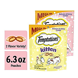 Temptations Kitten Treats, Chicken & Dairy and Salmon & Dairy, Crunchy and Soft Treat, 4-Pack Multipack (6.3 Ounce Per Pack)