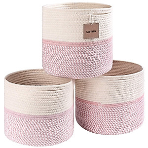 voten Cube Storage Baksets Bins 11x11’’ Fit 12x12’’ Organizer Bookcases Shelving,Stylish&Durable Woven Cotton Basket Containers for Organizing 3-Pack Off White/Mixed Pink