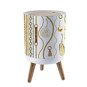 IBPNKFAZ89 Small Trash Can with Lid Golden Chain Glamour Seamless Watercolor Texture with Golden Chains Garbage Bin Wood Waste Bin Press Cover Round Wastebasket for Bathroom Bedroom Office Kitchen