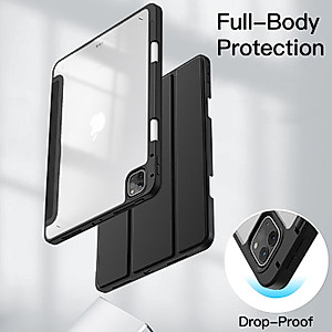 JETech Case for iPad Pro 11 Inch 2022/2021/2020/2018 (4th/3rd/2nd/1st gen) with Pencil Holder, Clear Transparent Back Shell Slim Stand Shockproof Tablet Cover, Auto Wake/Sleep (Black)