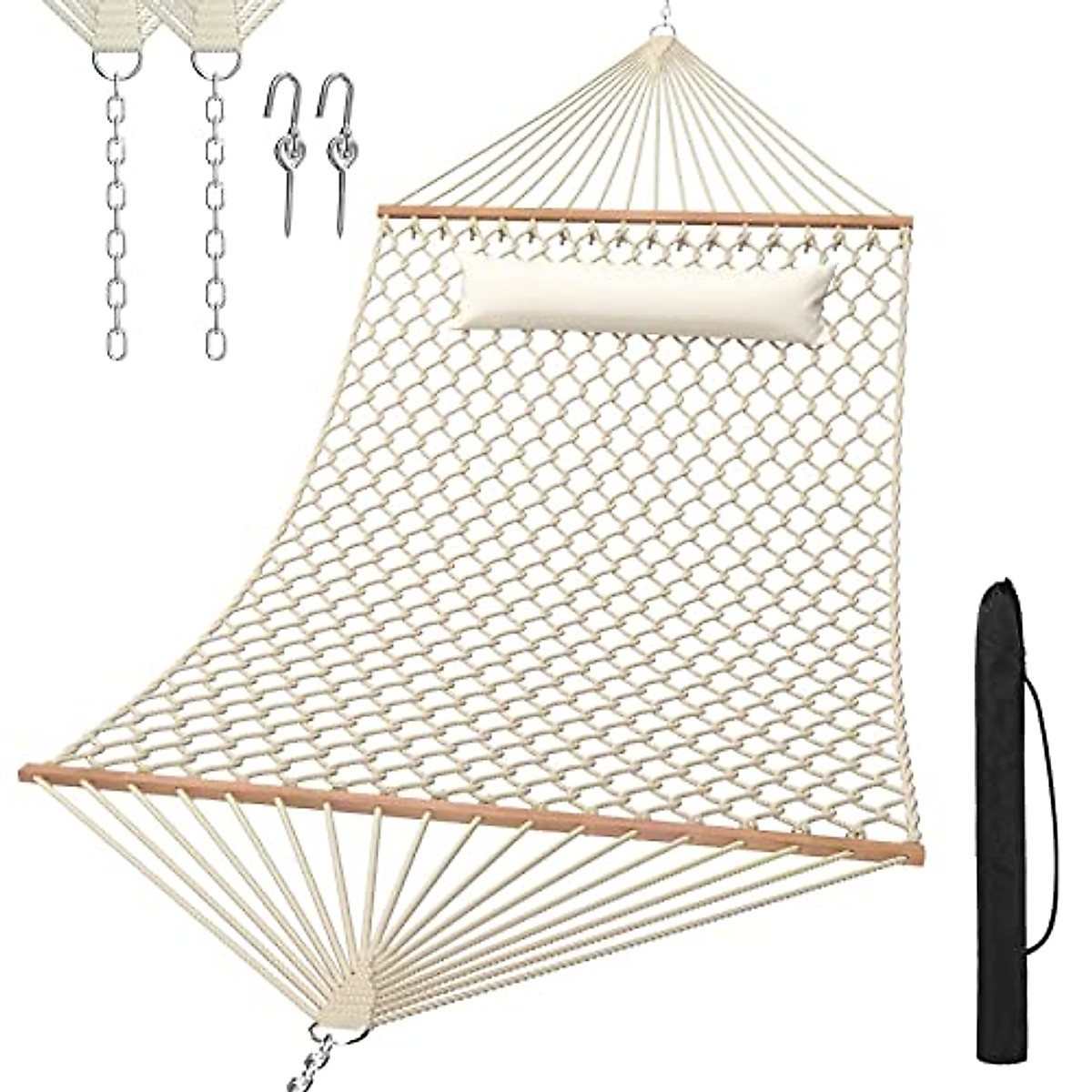 TONAHUTU 13FT Hammocks, Traditional Hand Woven Cotton Rope Hammock with Free Extension Chains for Outdoor Indoor Patio Yard 450 LSB Capacity for Two Person (Natural)