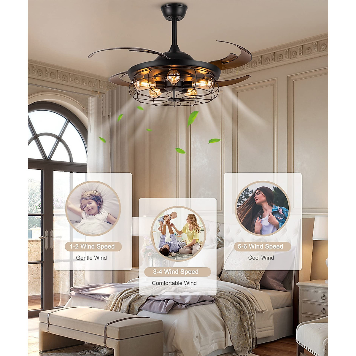 APBEAMLighting 48 Inches Retractable Ceiling Fan Industrial Caged Ceiling Fan Reversible Blades Black Farmhouse Ceiling Fan with Lights and Remote Control for Living Dining Room