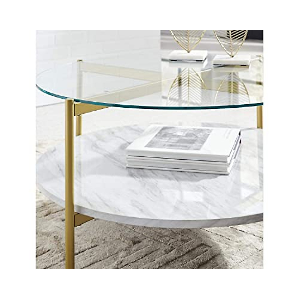 Signature Design by Ashley Wynora Contemporary Round Coffee Table with Glass & Faux Marble, White & Gold