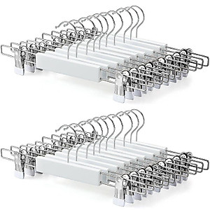 TOPIA HANGER Wooden Pants Skirt Hangers Space Saving 20 Pack, Wide Adjustable Clip Hanger for Pant Skirt Jeans Slacks with Wrinkle Free - CT44W20(White)