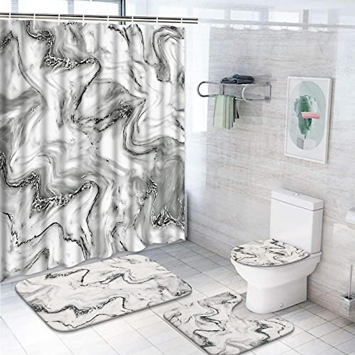 Claswcalor 4 Pcs Grey Marble Shower Curtain Sets with Non-Slip Rug, Toilet Lid Cover and Bath Mat, Abstract White and Gray Shower Curtain with Hooks, Modern Luxury Shower Curtains for Bathroom Decor