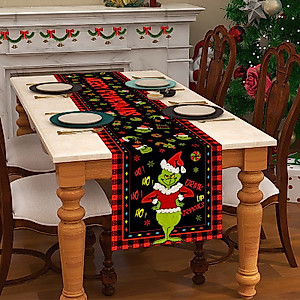 FARMNALL Linen Red Christmas Table Runner Merry Christmas Tablecloth Christmas Xmas Buffalo Plaid Check Winter Holiday Home Kitchen Dining Room 13x90 Inch
