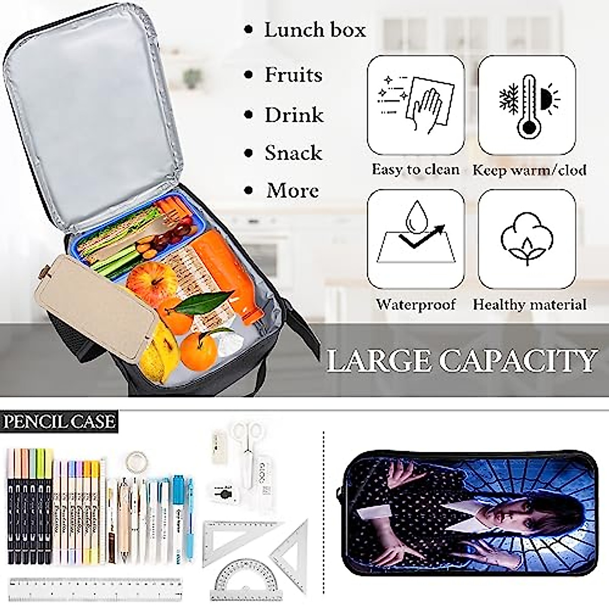 Wednesday Backpack Lightweight Travel Addams Backpack Insulated Lunch Box Fashion Pencil Case Pouch 3 Piece Set