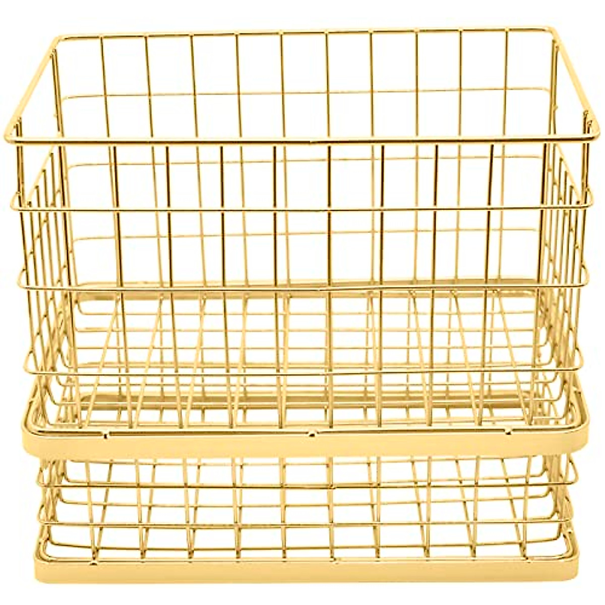 Set of 2 Stackable 10" Metal Wire Storage Basket Bins With Handles (Gold Wide Mesh Base)
