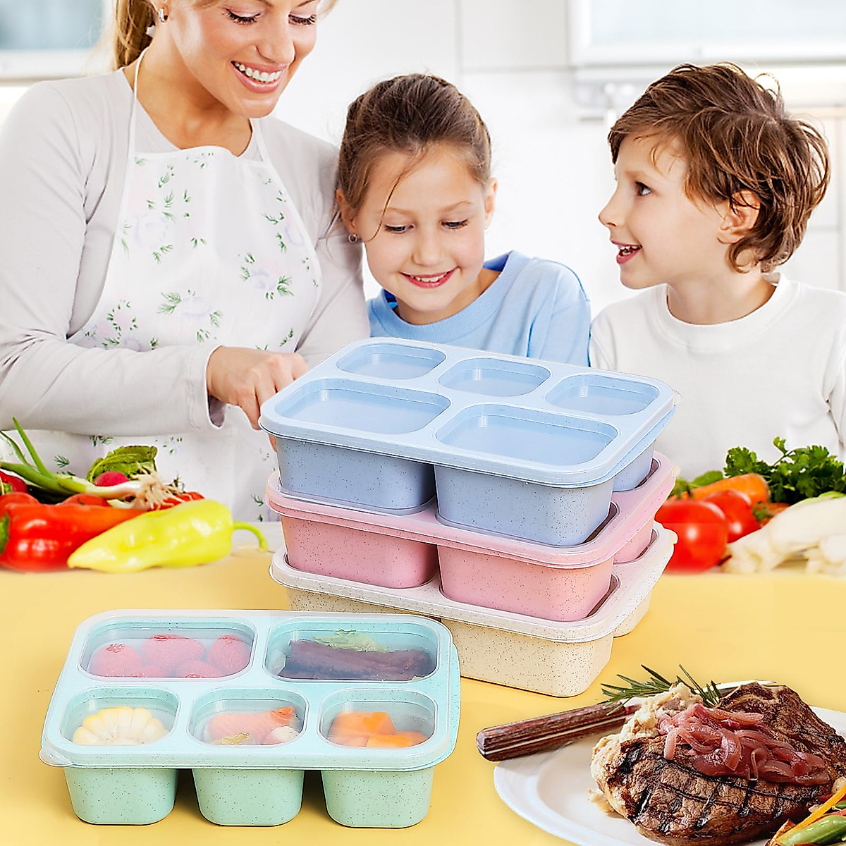 SIPOMU Bento Lunch Box, 5 Compartment Food Container Lunch Box Meal Prep Containers Wheat Straw Lunchbox Containers with Compartments Lids Microwave Safe Storage Boxes, Pack of 4