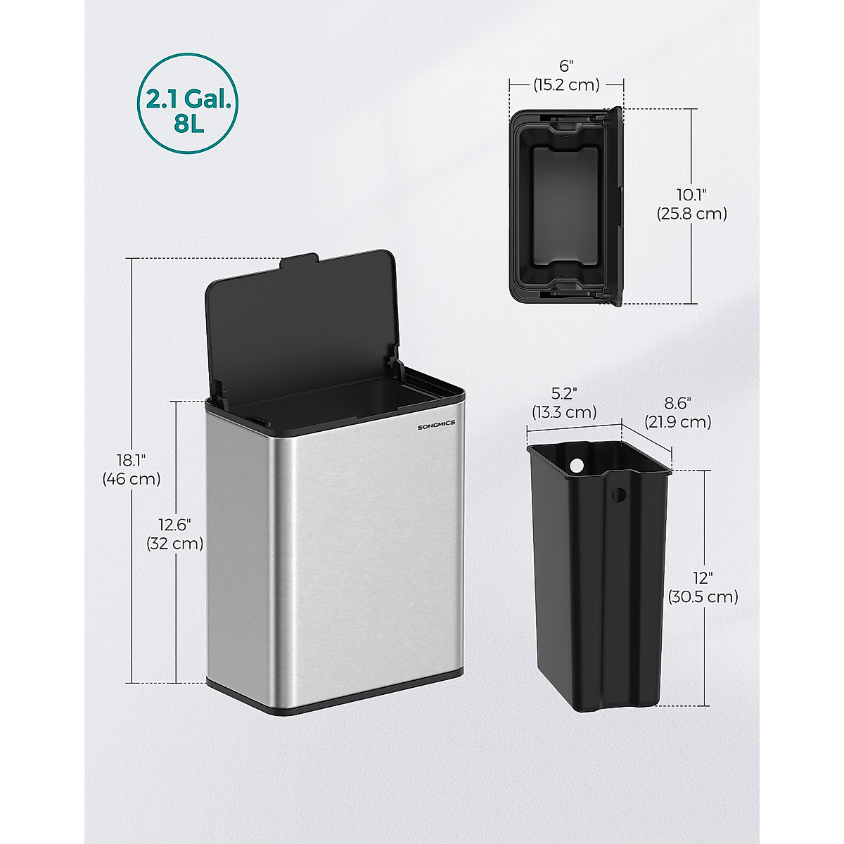 SONGMICS Hanging Trash Can, 2.1-Gallon (8 L) Small Kitchen Garbage Can with Lid, Cabinet Door Hanging or Wall-Mounted with Hooks, for Under Sink, Bathrooms, Metallic Silver ULTB810E08