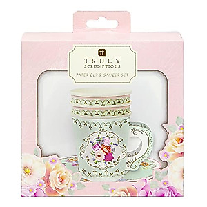 Talking Tables TS6-CUPSET Disposable Truly Scrumptious Party Vintage Floral Tea Cups and Saucer Sets, Mint Green