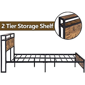 Anwick Metal Full Bed Frame with Storage Headboard and 2 USB Ports,Industrial Bed Frame Full Size with LED Lights and Underneath Storage,Noise Free, No Box Spring Needed(Full)