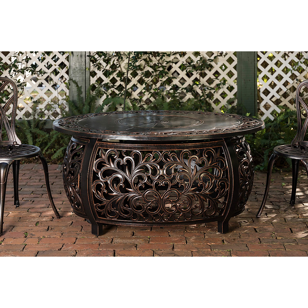 Fire Sense 62198 Toulon Filigree Aluminum Convertible Gas Fire Pit Table 55,000 BTU Outdoor Multi-Functional with Fire Bowl Lid, Nylon Weather Cover & Clear Fire Glass - Bronze Finish - Oval - 48"