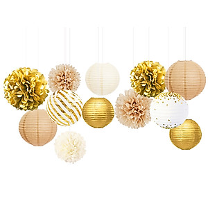 NICROHOME Gold and White Party Decorations, 12 PCS White Gold Champagne Tissue Paper Pom Poms and Lanterns for Birthday Graduation Baby Shower Bridal Prom Festival Decorations and Party Decor
